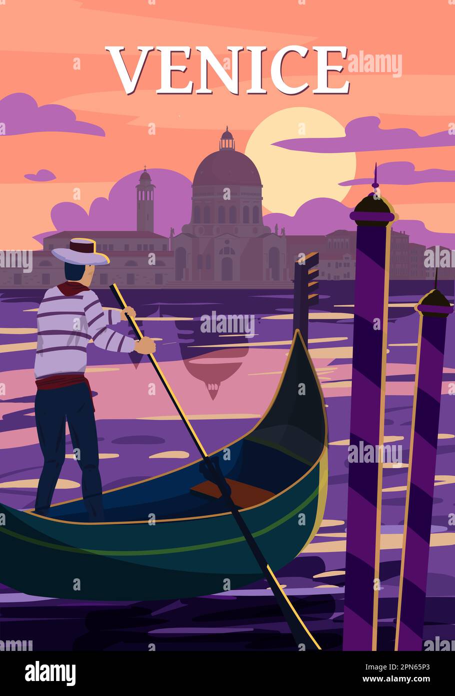 Venice Italia Poster retro style. Sunset Grand Canal, gondolier ...