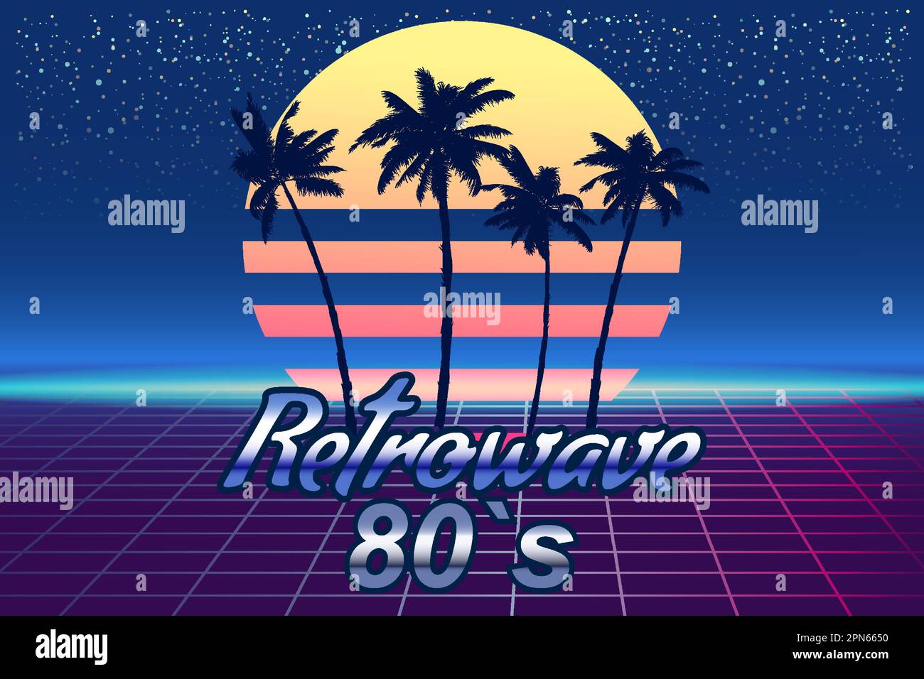 Retrowave 80 s retro banner vaporwave aesthetic background. Palms silhouette grid 3d, sunset ...