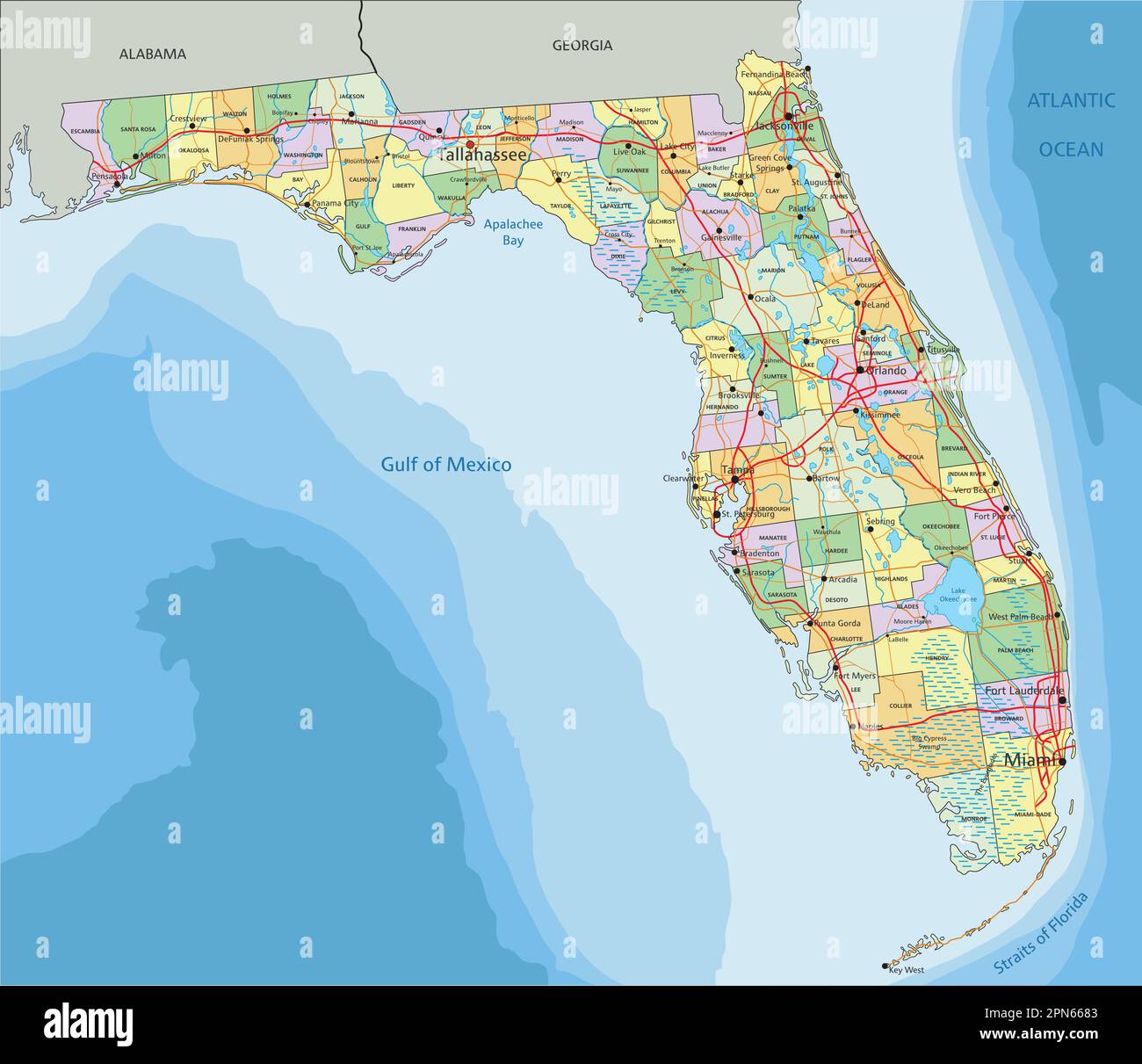 Florida - Highly detailed editable political map with labeling Stock ...