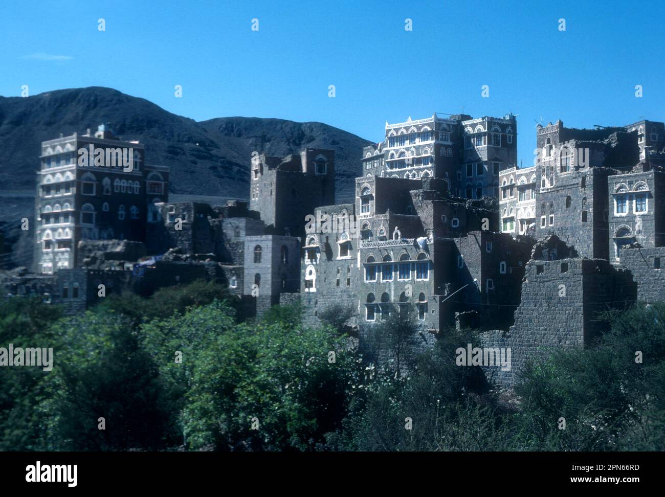 Town of Raishan with typical Yemeni houses and qat bushes, Yemen Stock ...