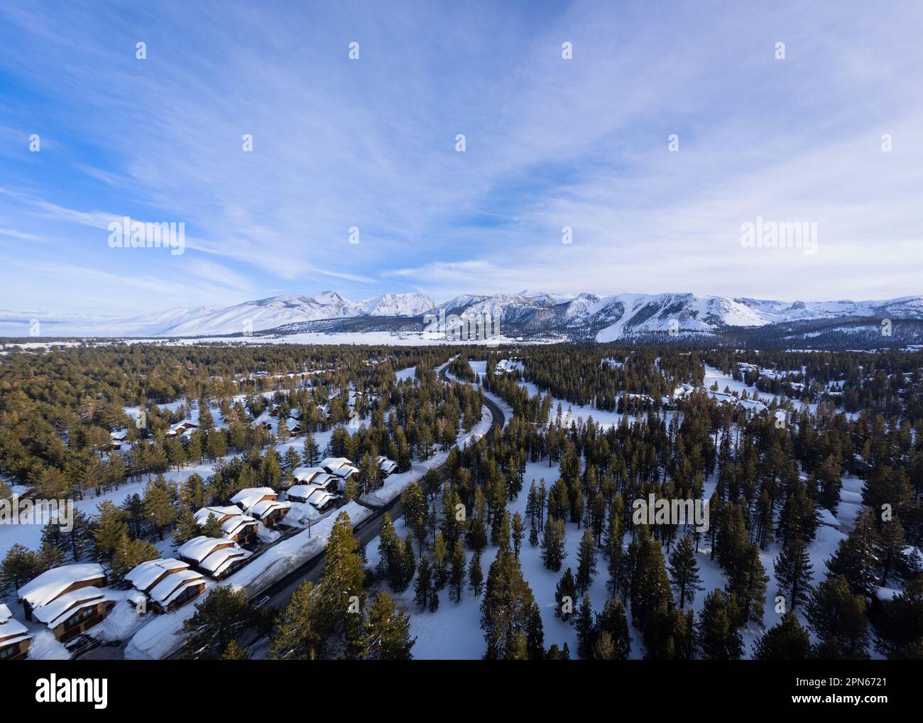 An aerial view of the mountain town of Mammoth Lakes, California during ...