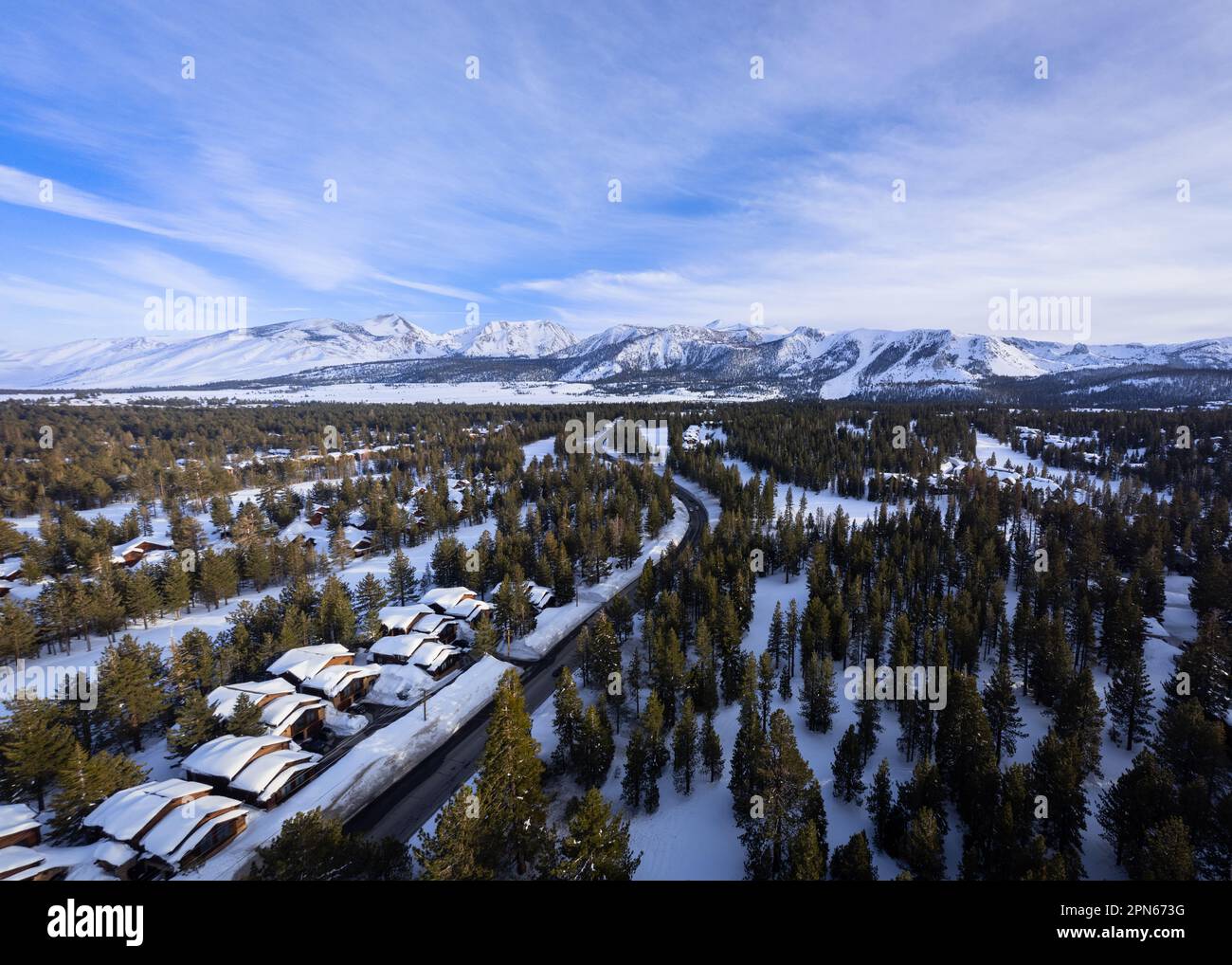 An aerial view of the mountain town of Mammoth Lakes, California during ...