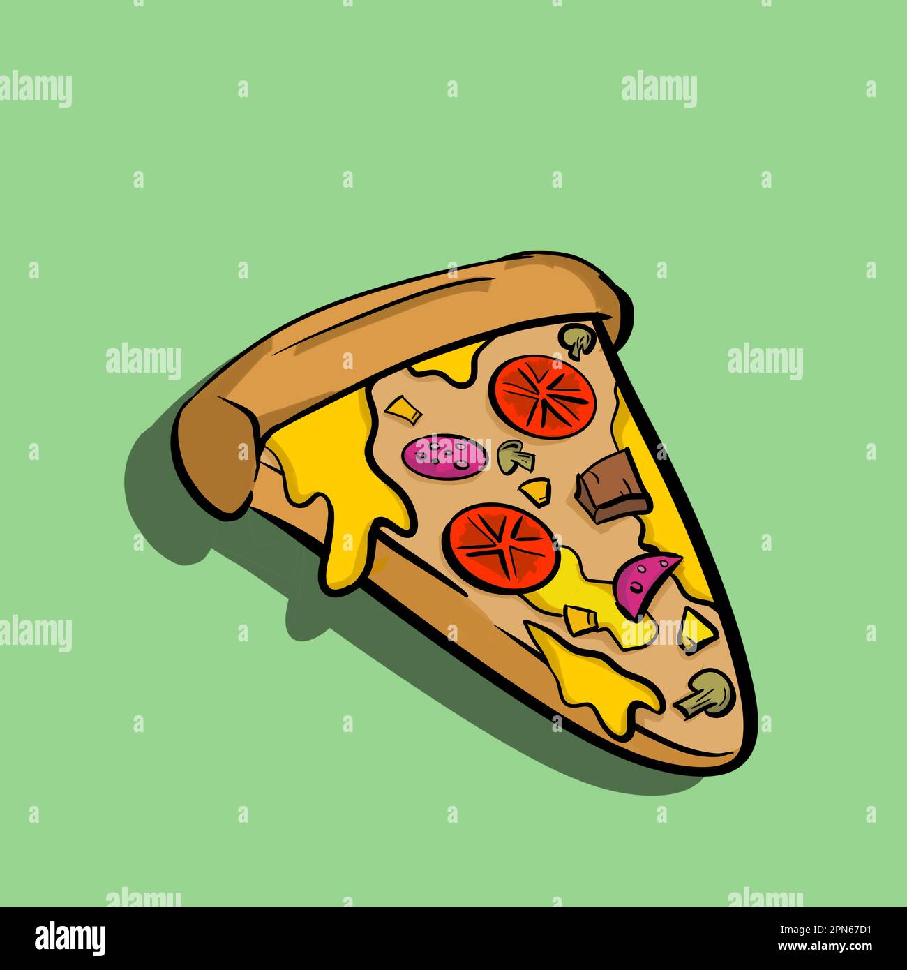 Pizza slice with melted cheese and pepperoni. Cartoon sticker in comic ...