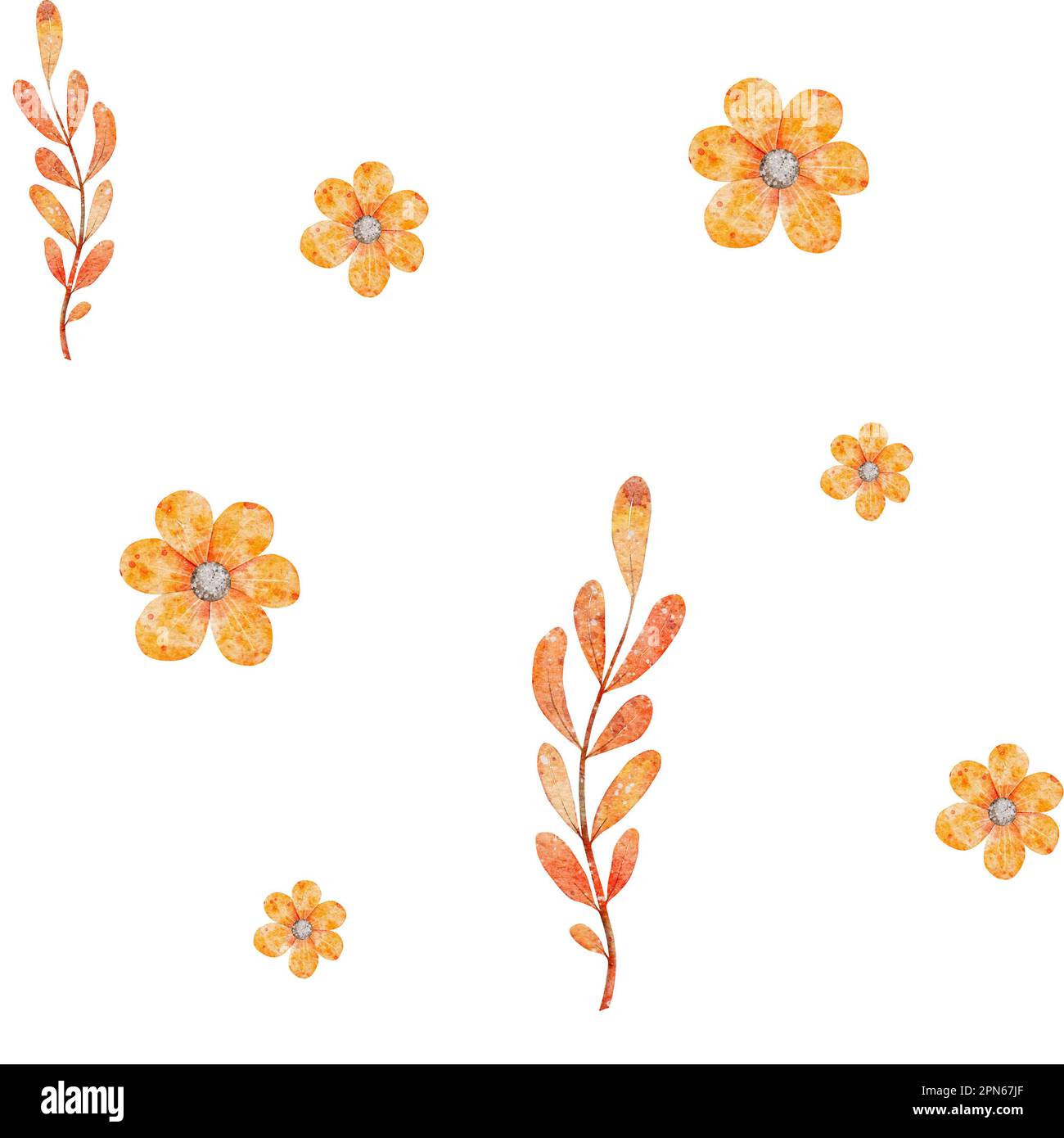 Watercolor Floral seamless pattern. Orange abstract flowers print on ...