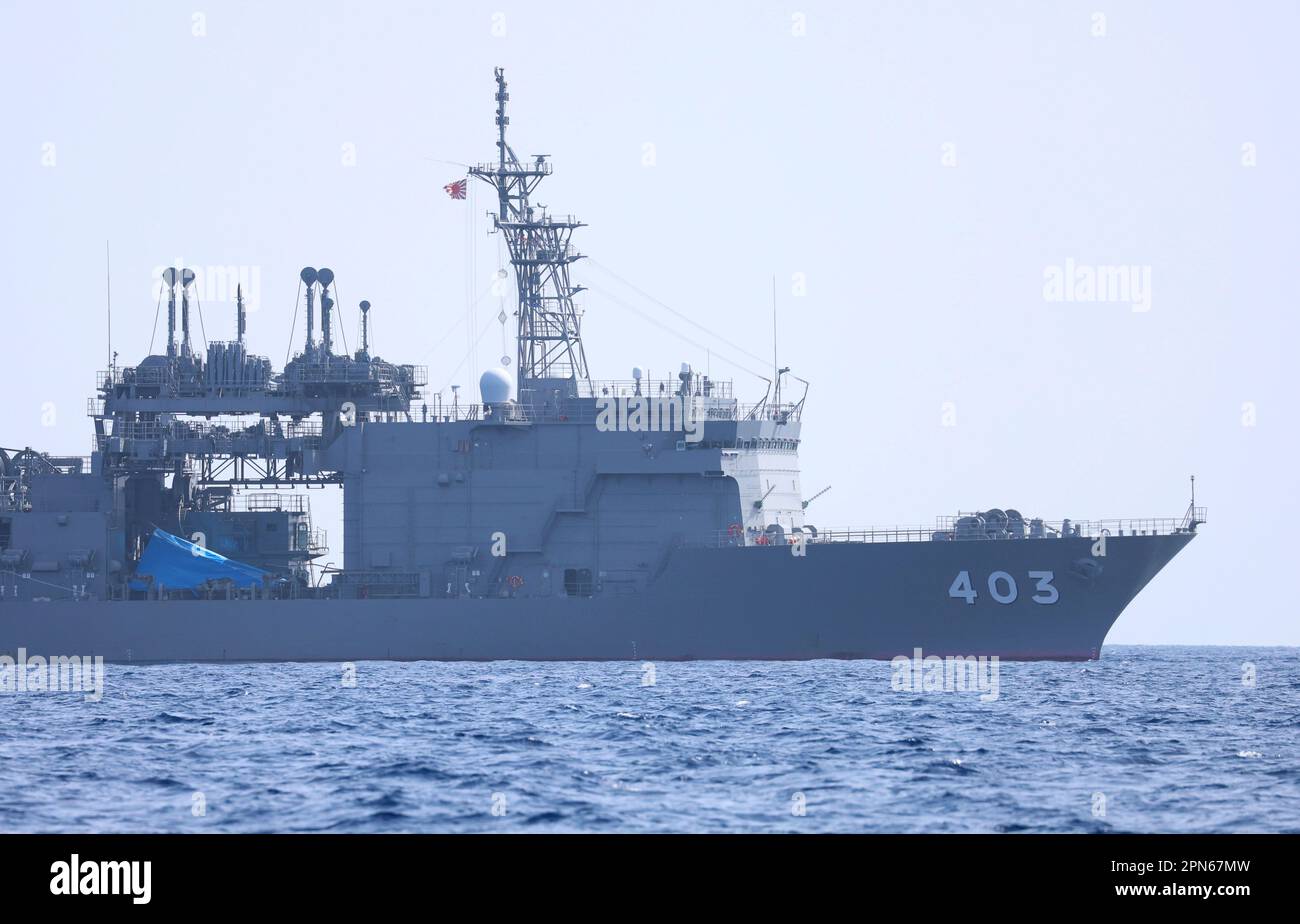 Crew members of the Chihaya, a submarine rescue ship of the Japan ...