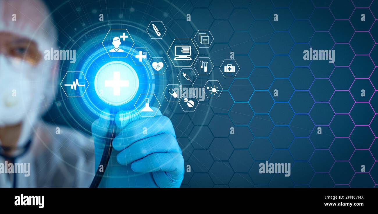 Medical technology in clinic or hospital. Treatment and use of computer ...