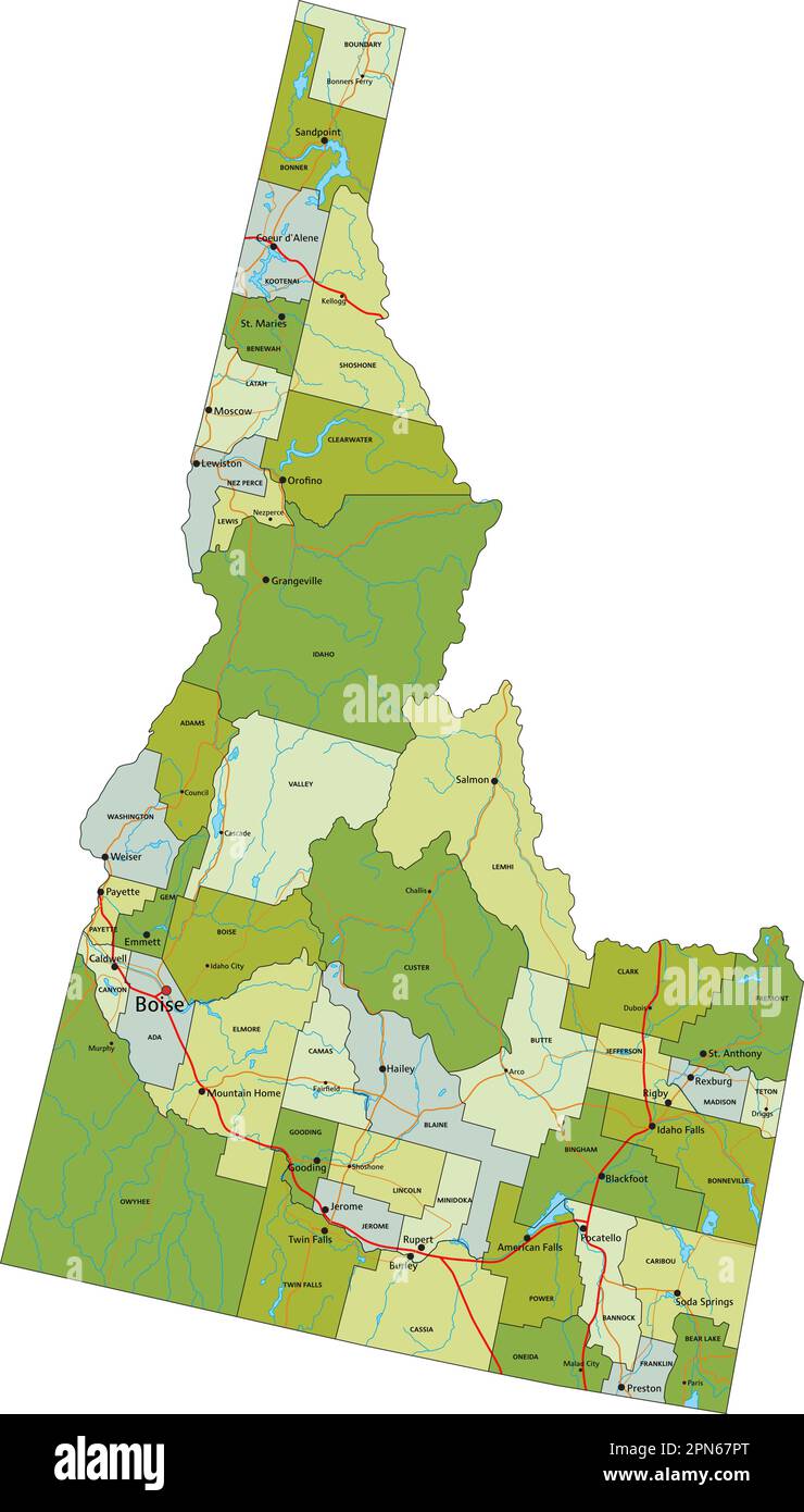 Highly detailed editable political map with separated layers. Idaho ...