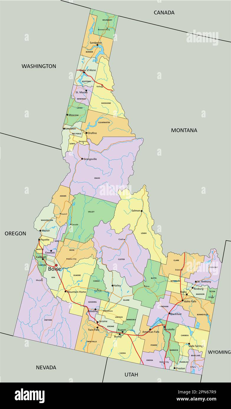 Idaho - Highly detailed editable political map with labeling Stock ...