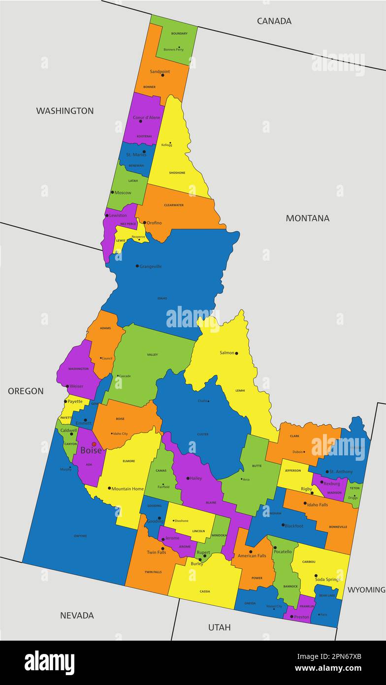 Colorful Idaho political map with clearly labeled, separated layers ...