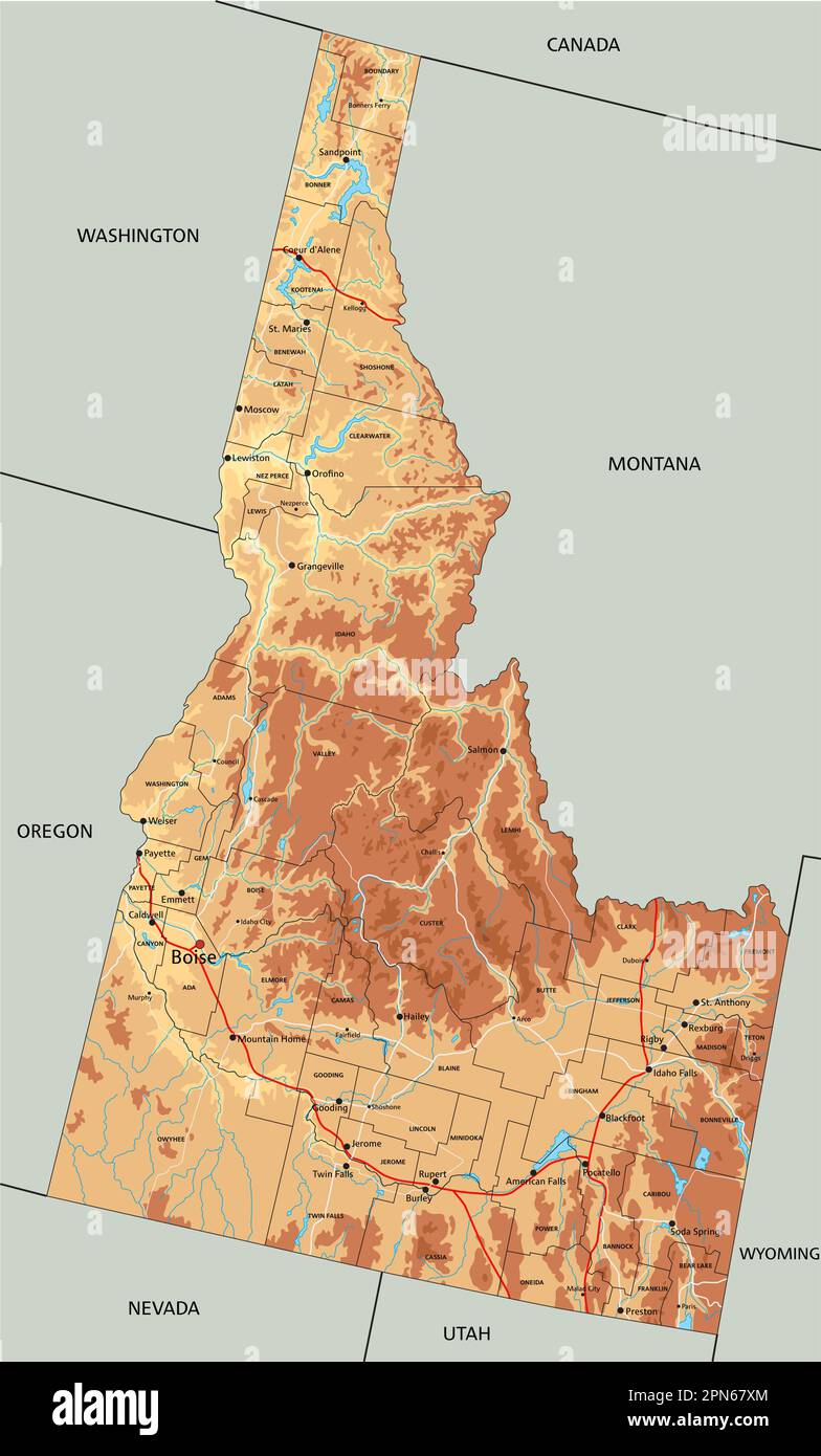 Highly detailed Idaho physical map with labeling Stock Vector Image & Art - Alamy