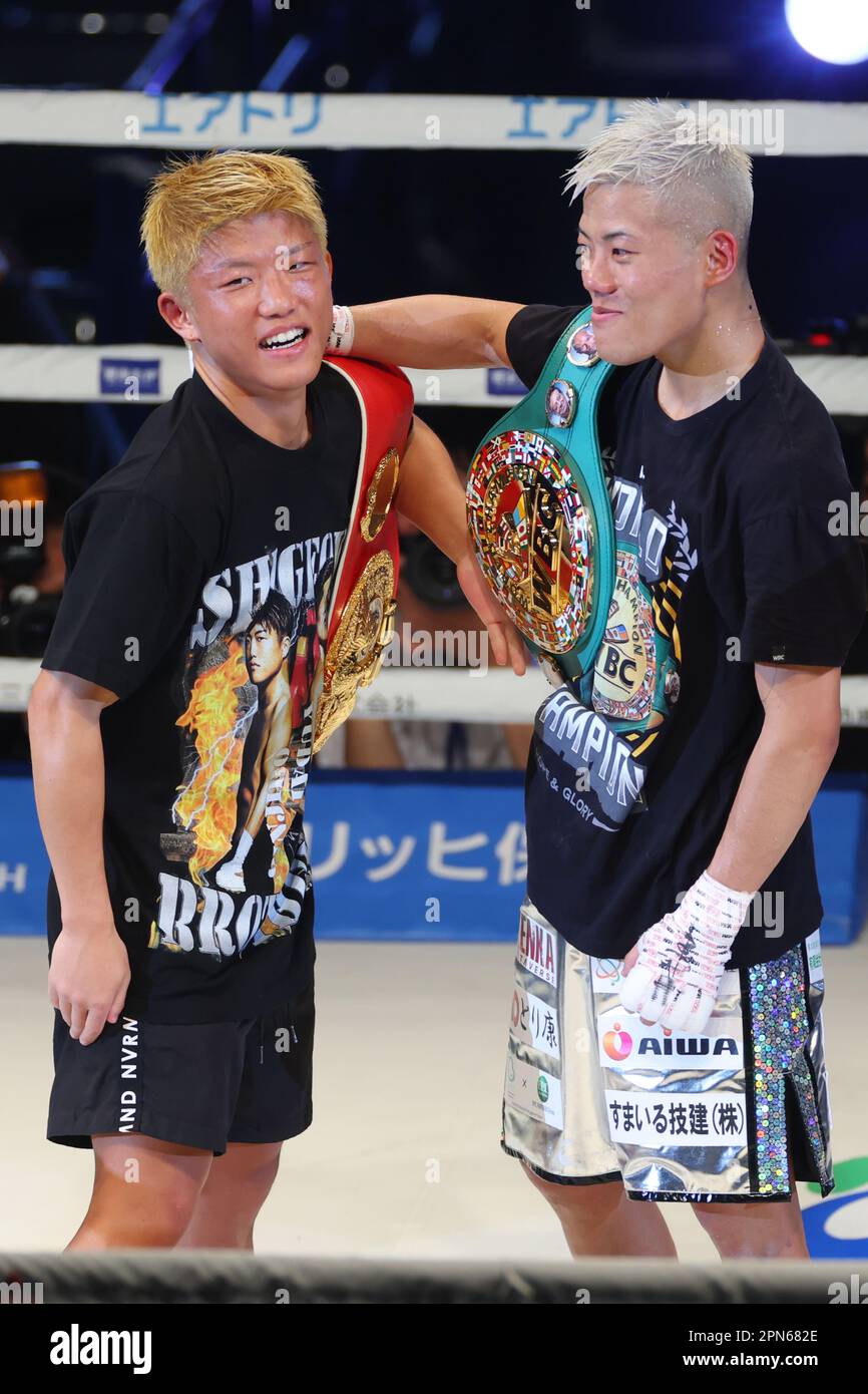 Tokyo, Japan. 16th Apr, 2023. (L to R) Ginjiro Shigeoka, Yudai Shigeoka ...