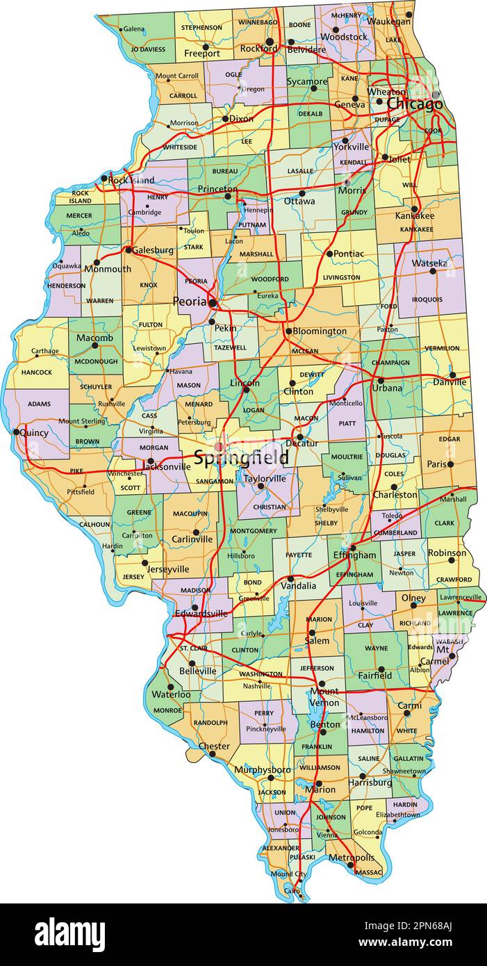 Illinois - Highly detailed editable political map with labeling Stock ...