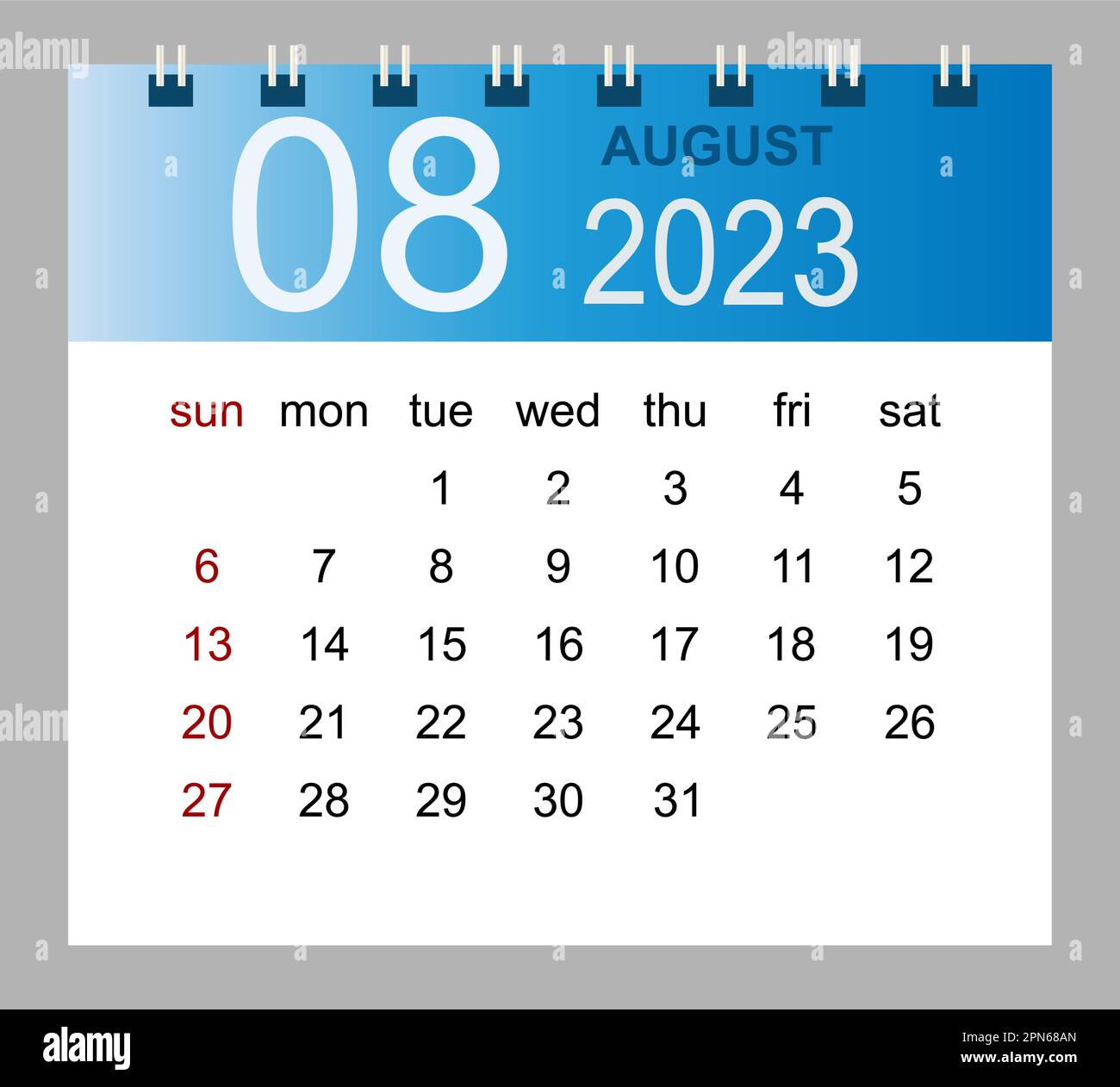 August 2023. Vector monthly calendar template 2023 year in simple style ...