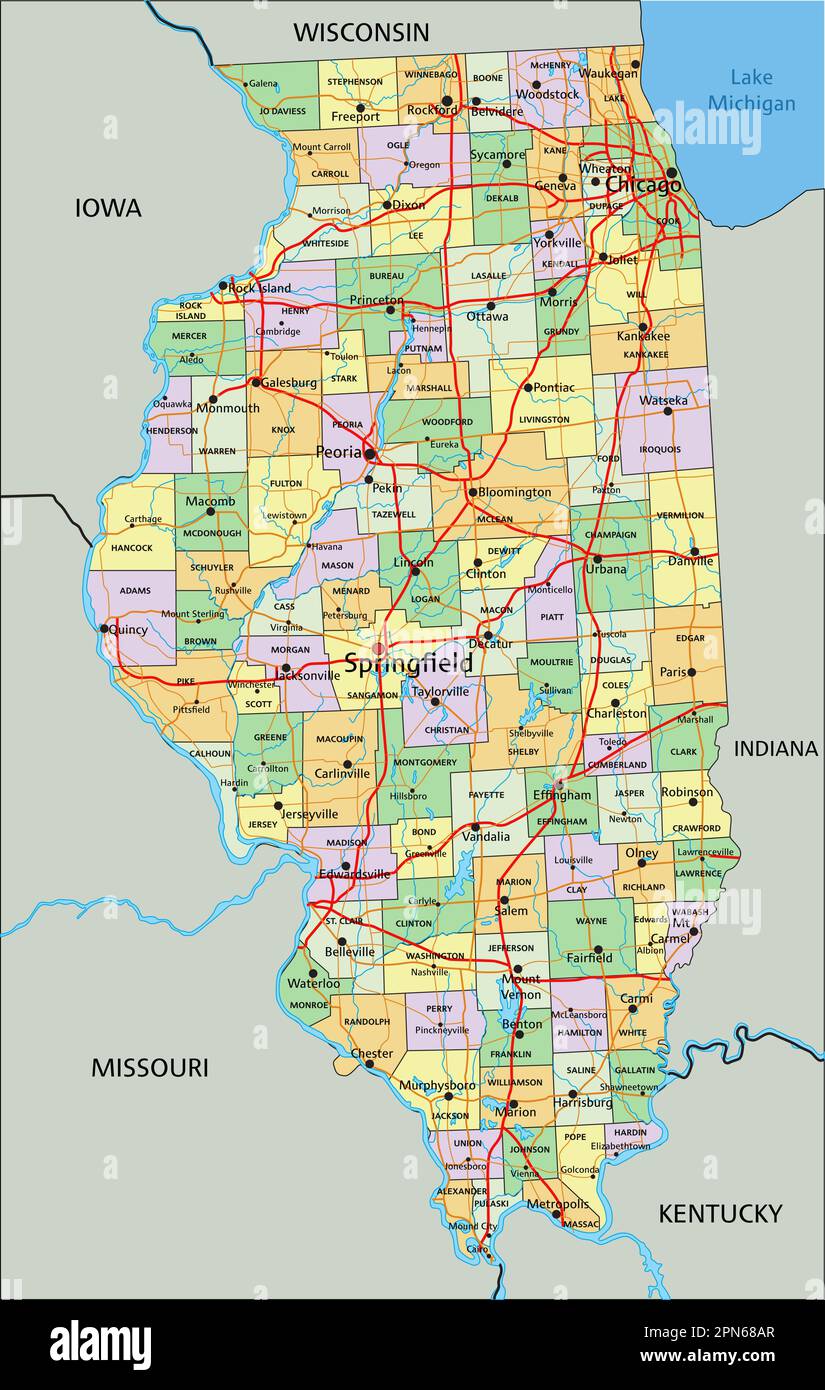 Illinois - Highly detailed editable political map with labeling Stock ...