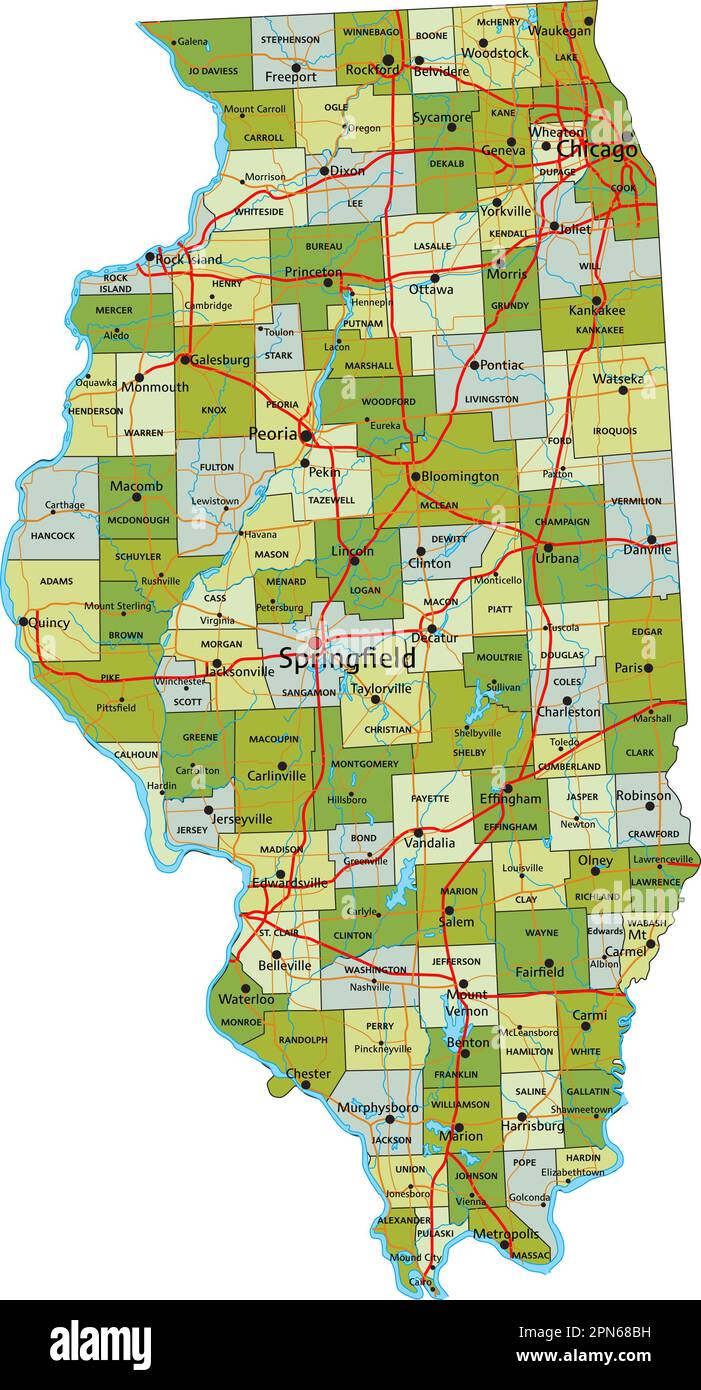 Highly detailed editable political map with separated layers. Illinois ...