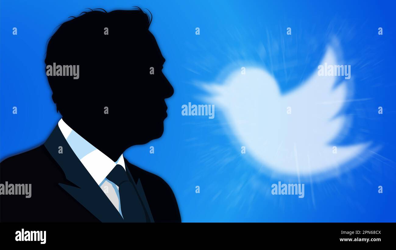Silhouette of Elon Musk in front of blue banner with Twitter logo in ...
