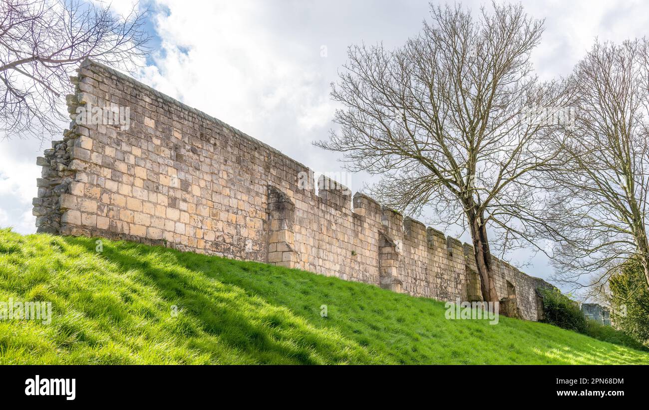 York, UK; April 16, 2023 - A view of a part of the medieval wall that ...