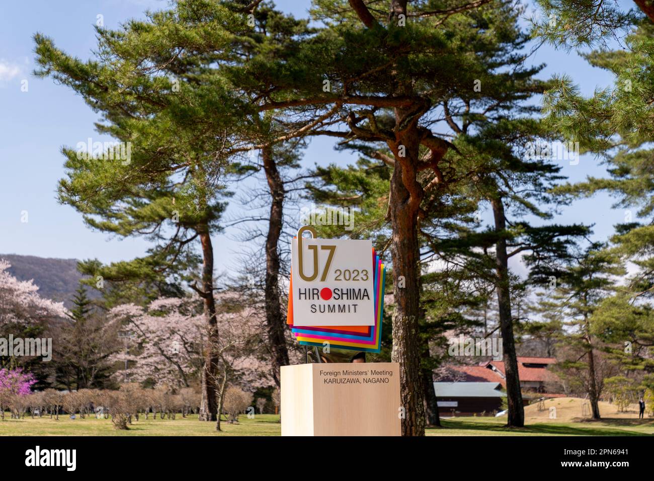The logo for the G7 is visible at the G7 Foreign Ministers' Meeting at ...