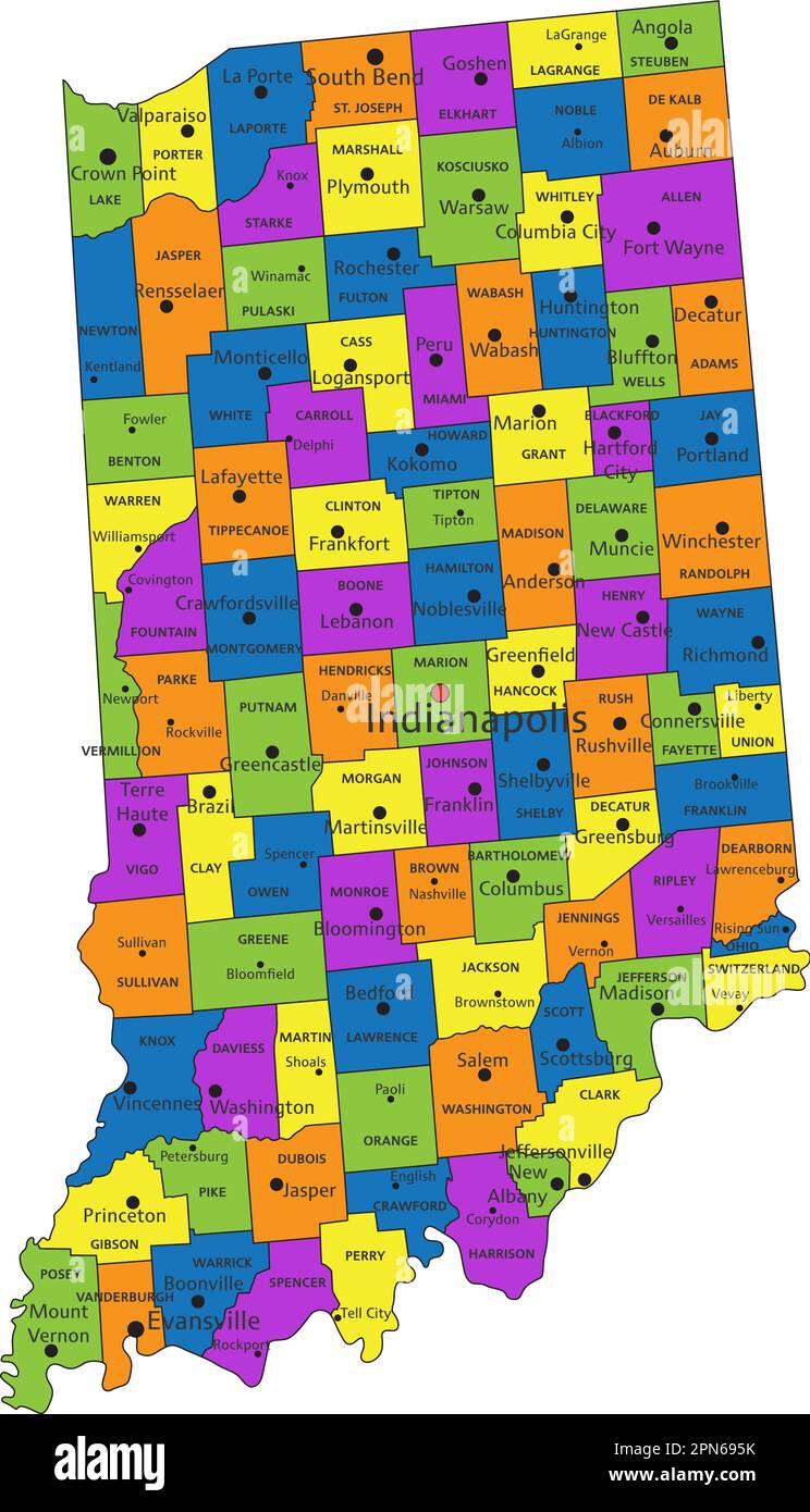 Colorful Indiana political map with clearly labeled, separated layers ...