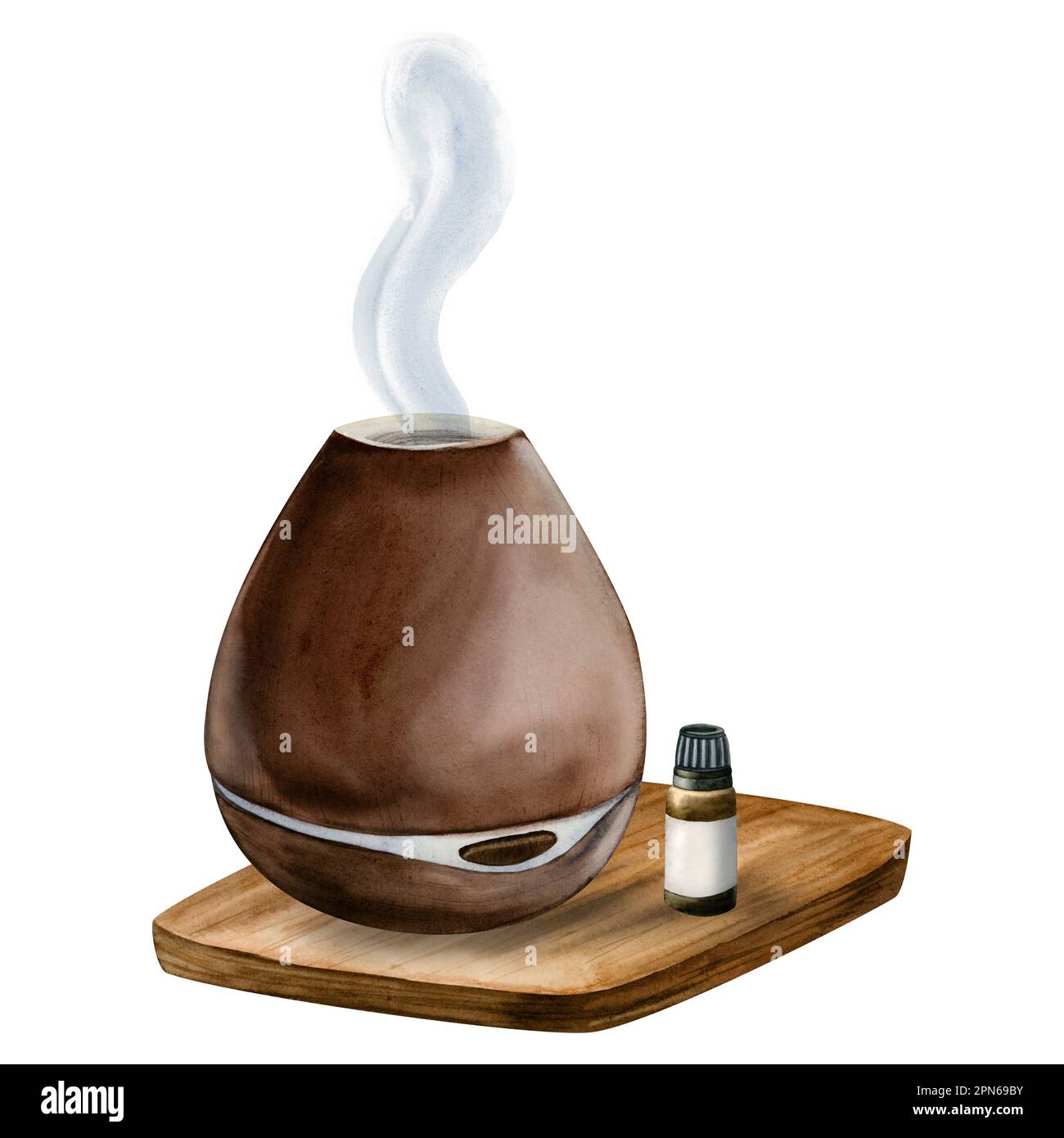 Watercolor electric wooden aroma oil diffuser illustration with fragrance oil bottle on a stand ...