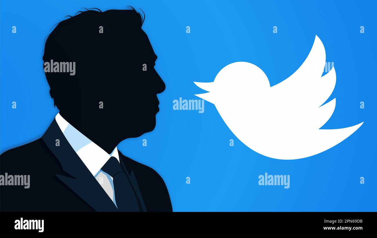 Silhouette of Elon Musk in front of blue banner with Twitter logo in ...