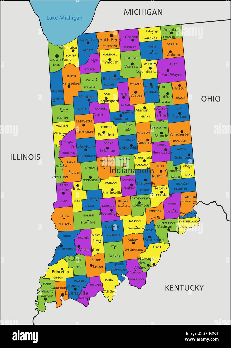 Colorful Indiana political map with clearly labeled, separated layers ...