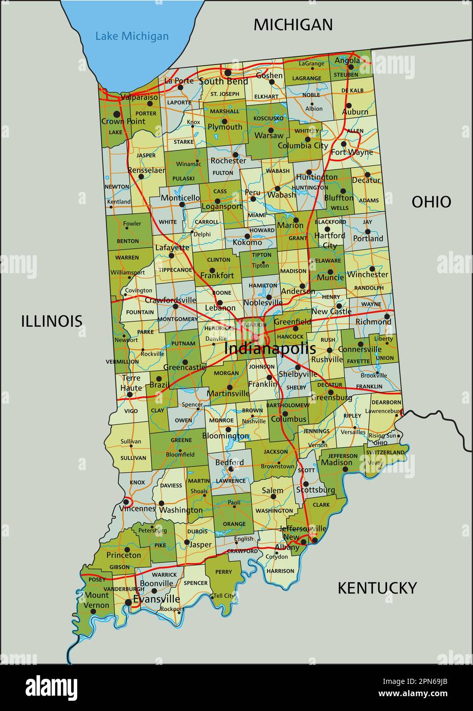 Highly detailed editable political map with separated layers. Indiana ...