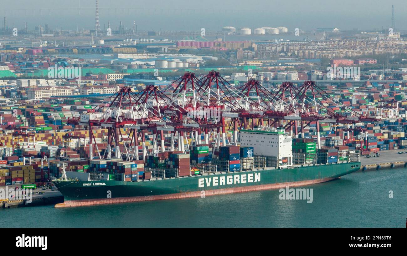 QINGDAO, CHINA - APRIL 17, 2023 - Container ships enter and leave the ...