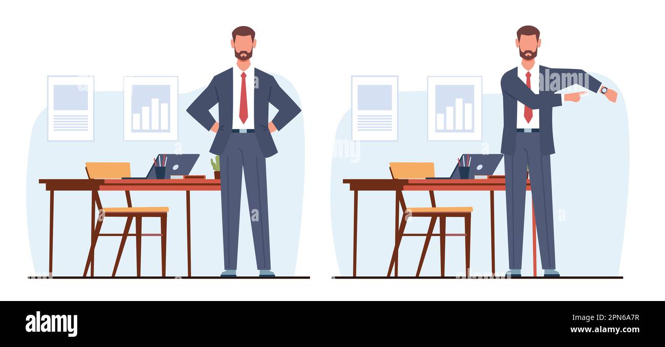 Angry manager, disgruntled boss points to his wristwatch. Supervisor ...