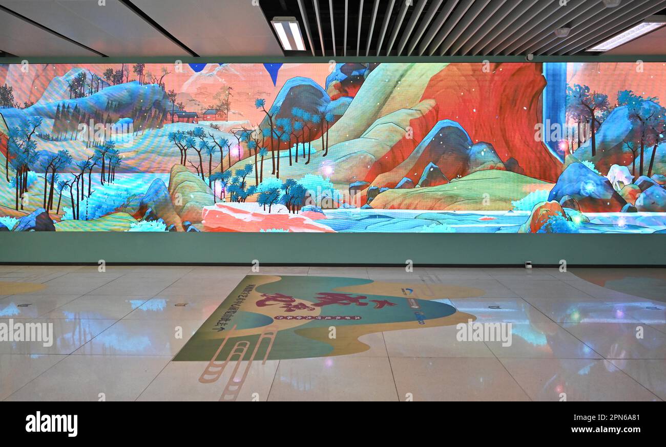 A panda appears on the interactive screen at Dongda Road Station in ...