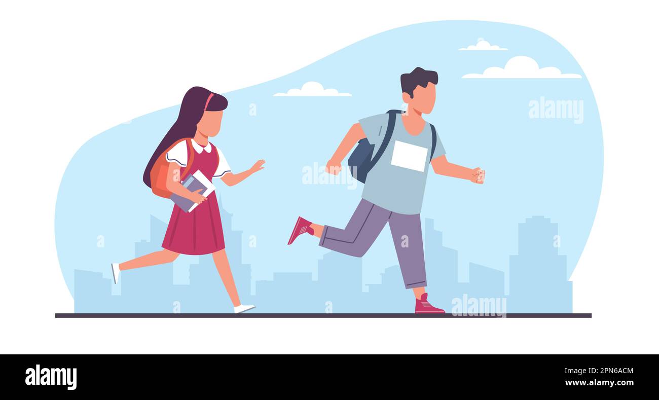 Boy and girl students are late to school for class. Children running ...