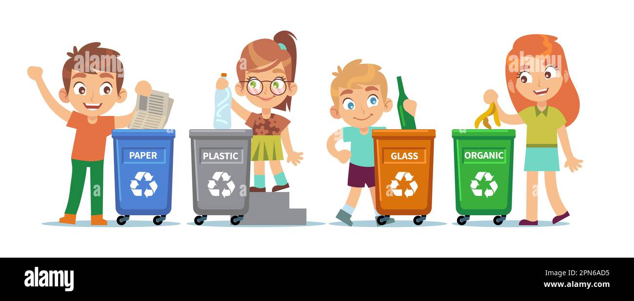 Children throw sorted trash in cans with recycling signs. School kids ... Children throw sorted trash in cans with recycling signs. School kids ...