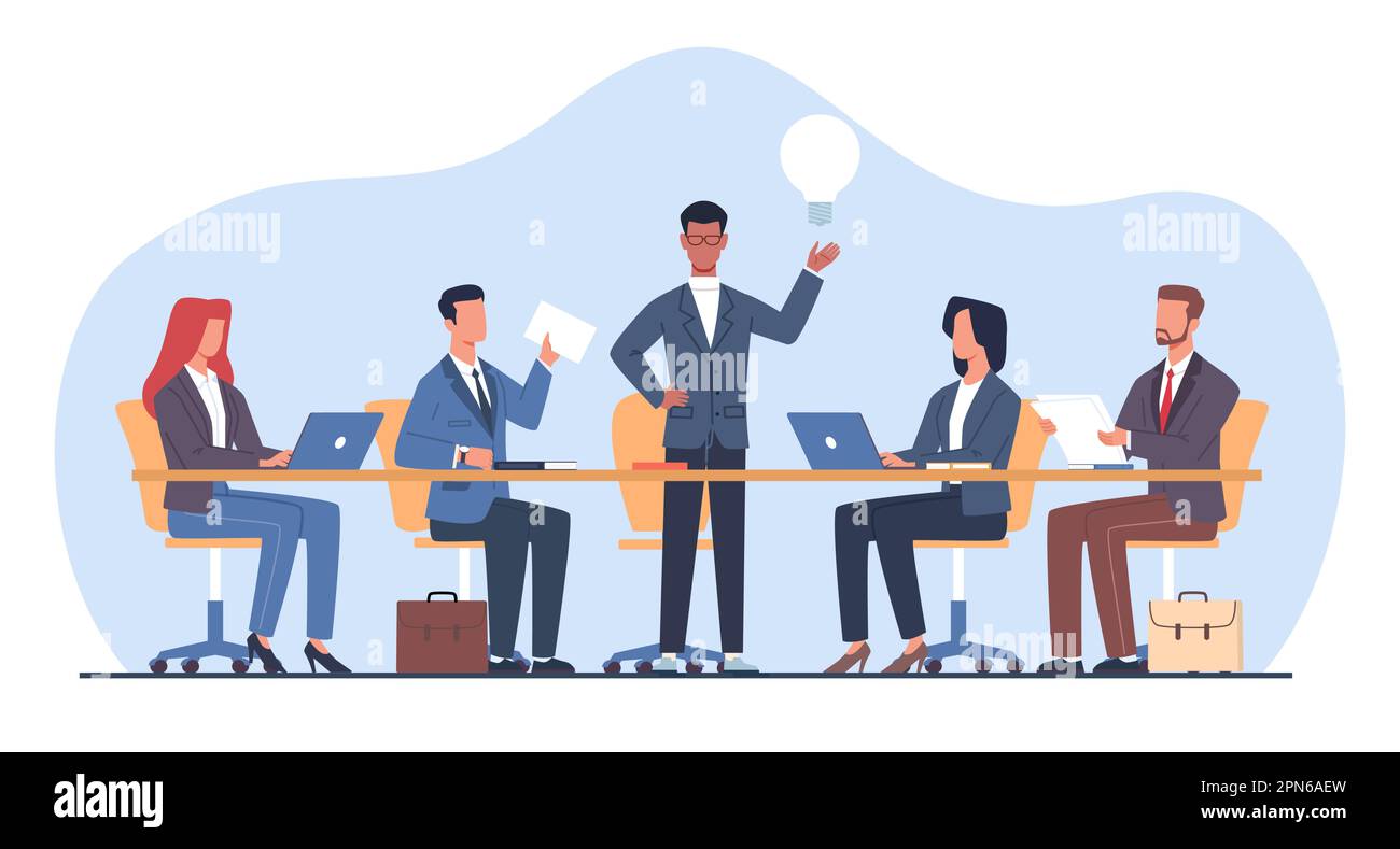 Business meeting at large table in office under direction of head of ...