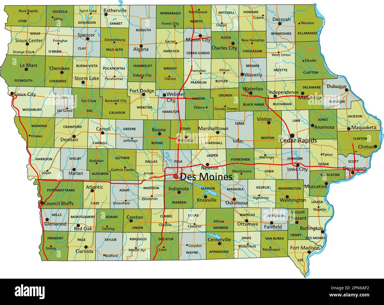 Highly detailed editable political map with separated layers. Iowa ...