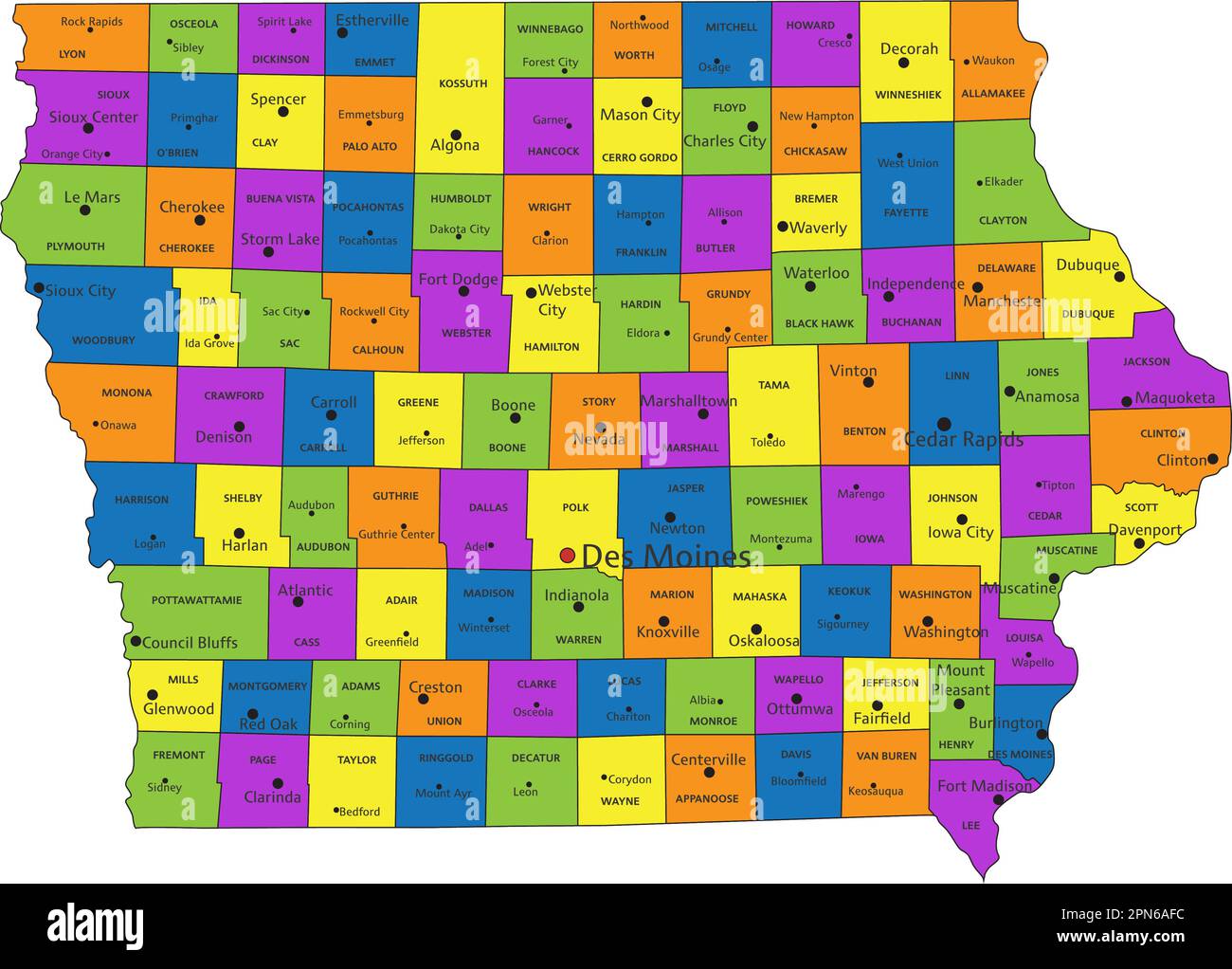 Colorful Iowa political map with clearly labeled, separated layers ...