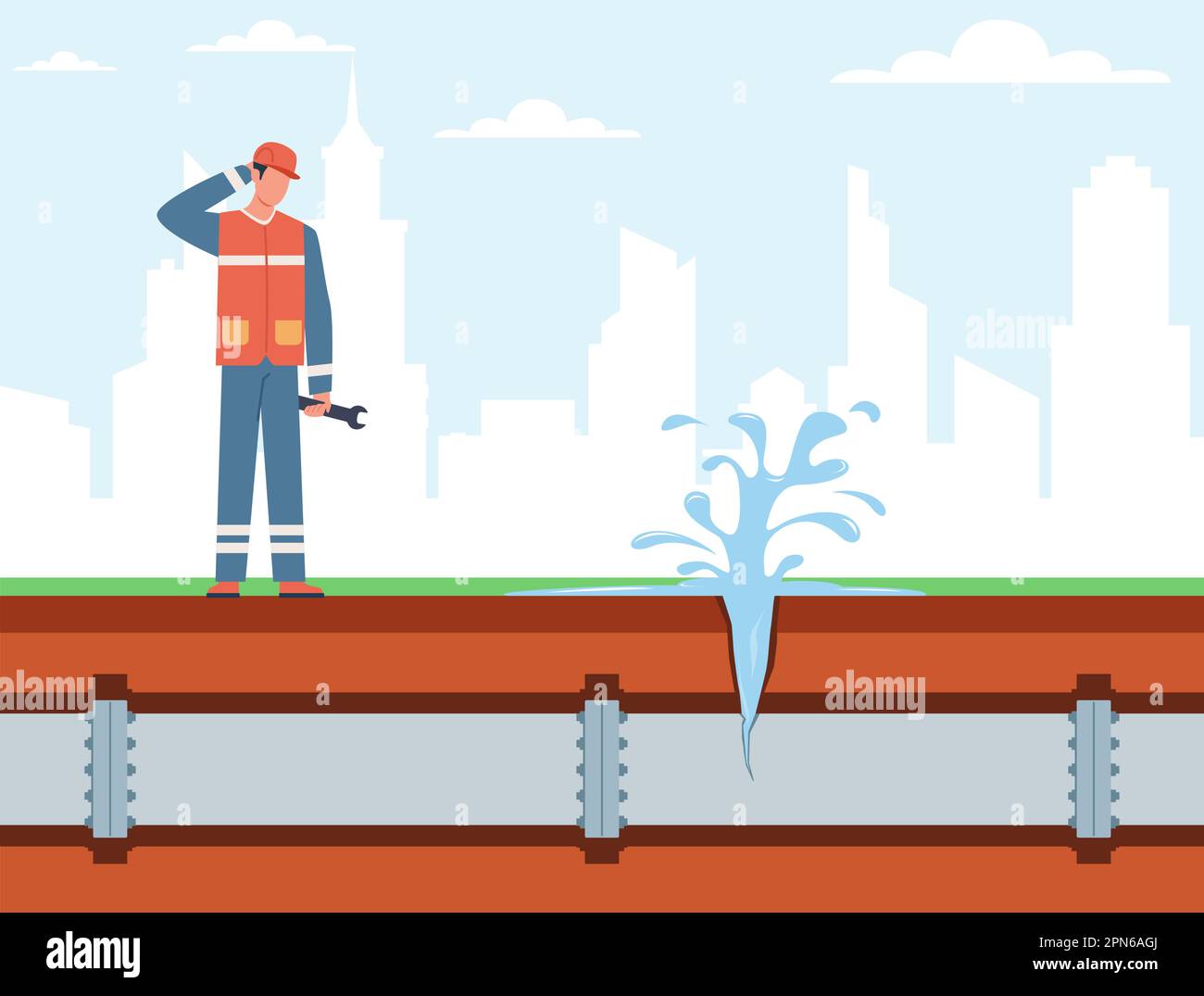 City water pipe bursts, jet of water bursts out of ground. Repairer man ...