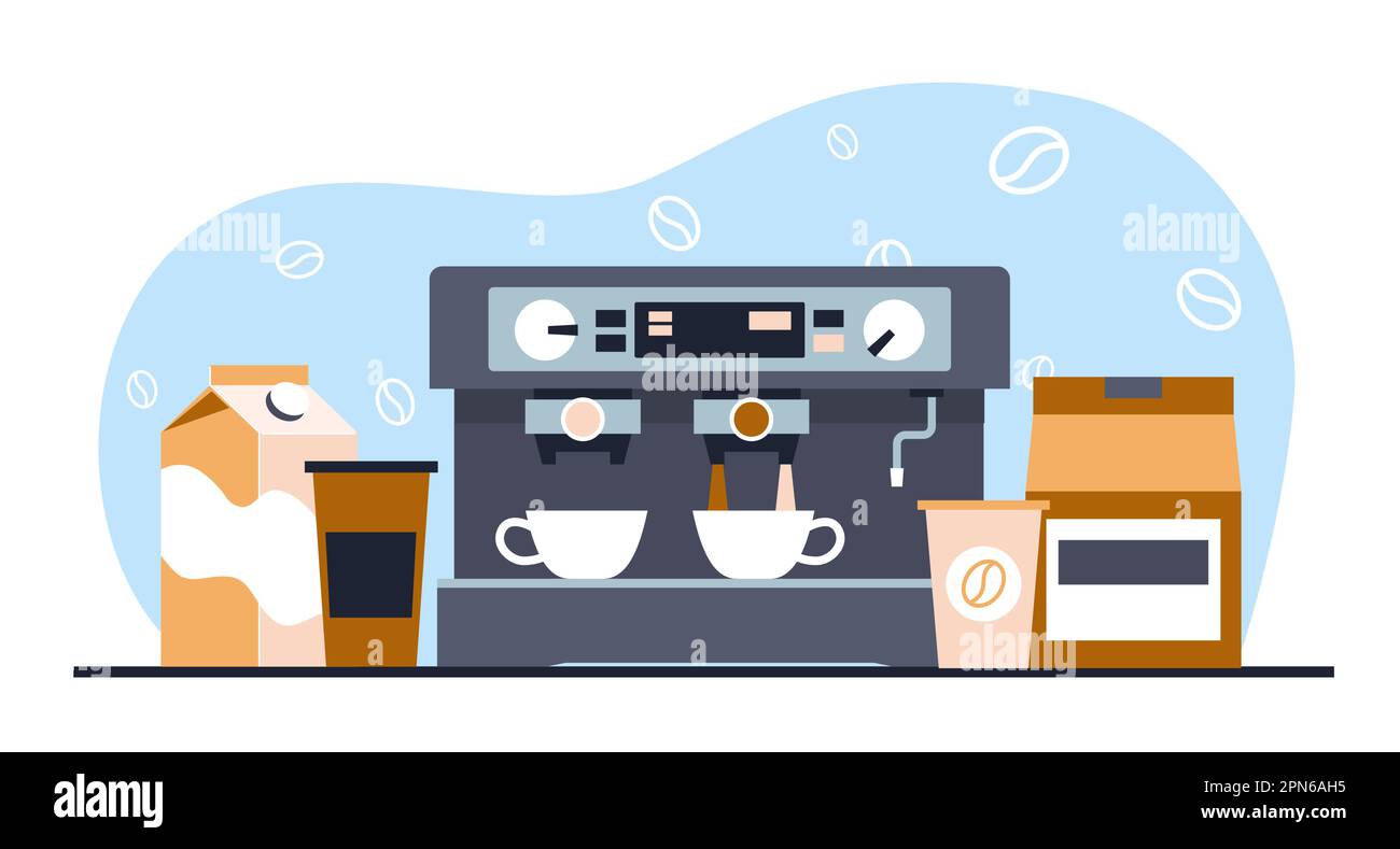 Coffee time, cups, coffee machine and coffee beans, creamer. Hot ...