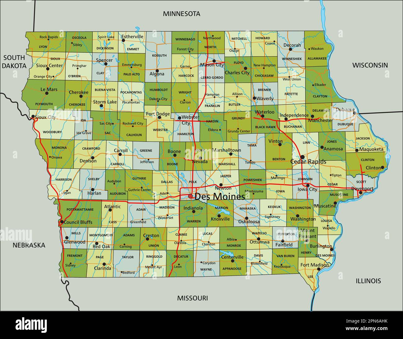 Highly detailed editable political map with separated layers. Iowa ...