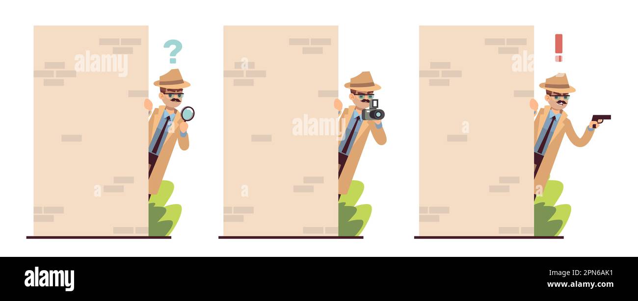 Detective, secret service agent looks out from behind wall with ...