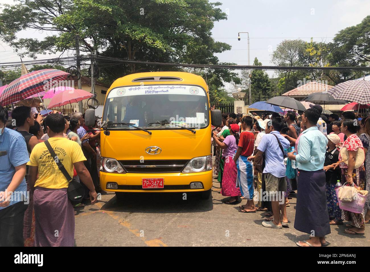 Yangon, Myanmar. 17th Apr, 2023. The first buses carrying prisoners ...