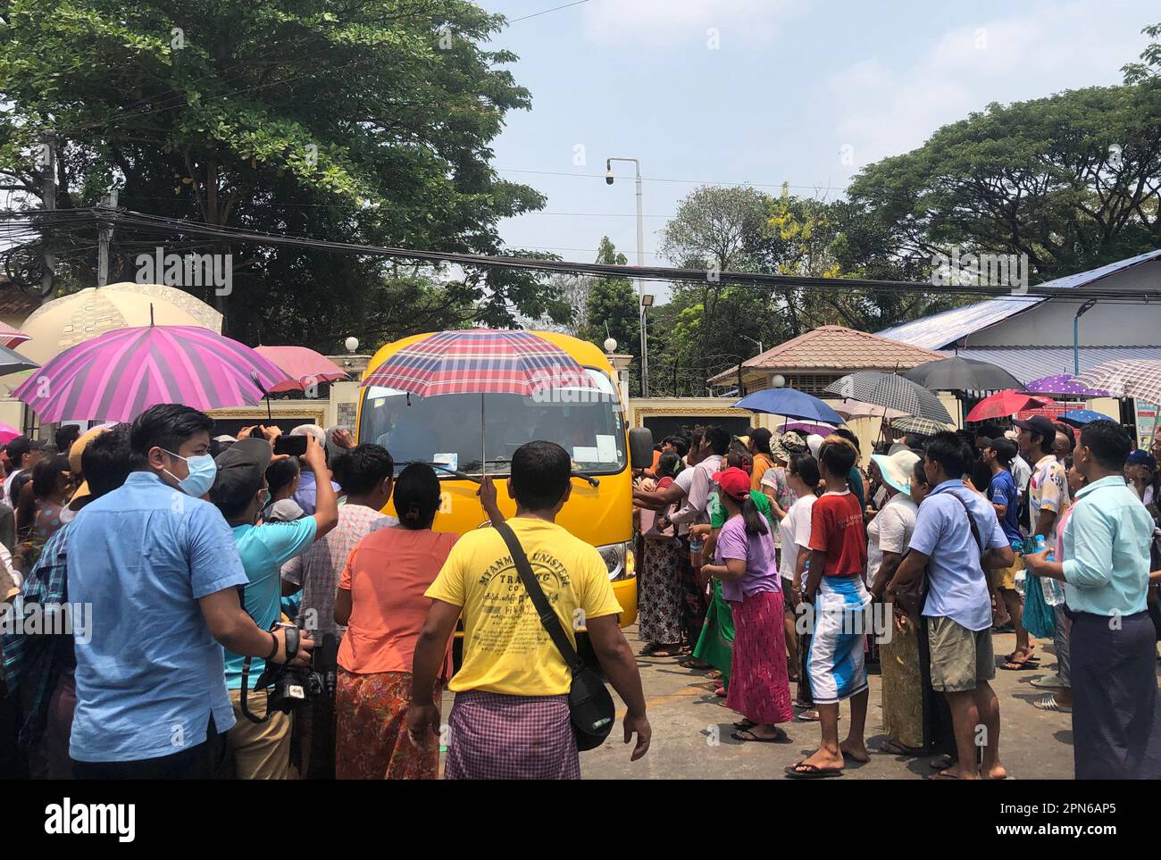 Yangon, Myanmar. 17th Apr, 2023. The first buses carrying prisoners ...