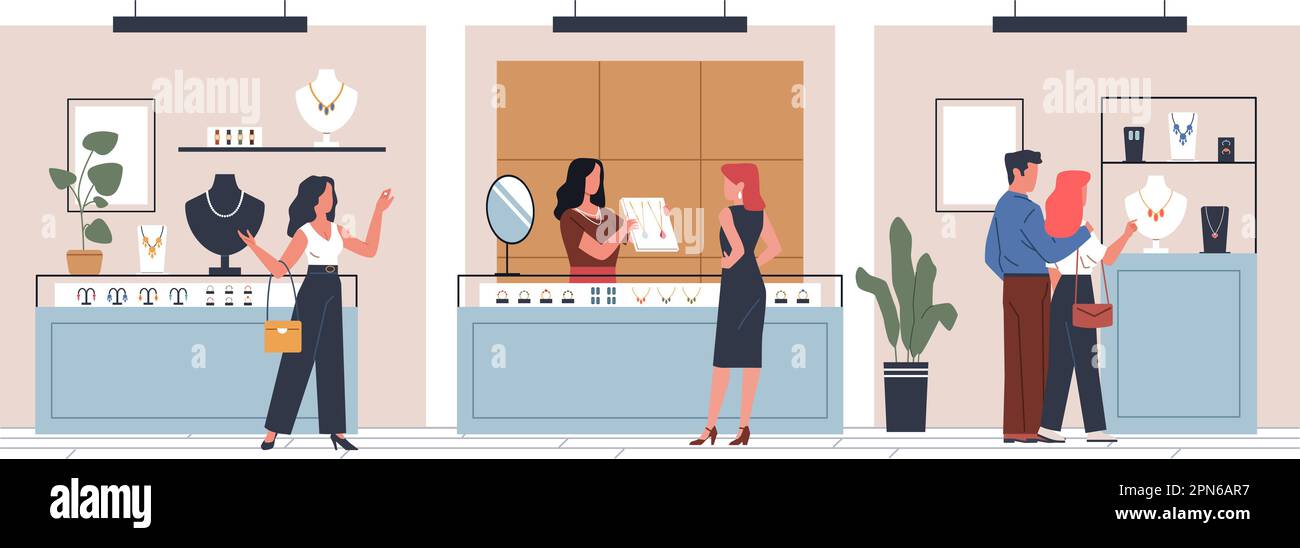 Jewelry store shopping. Salon visitors choose precious metals with ...