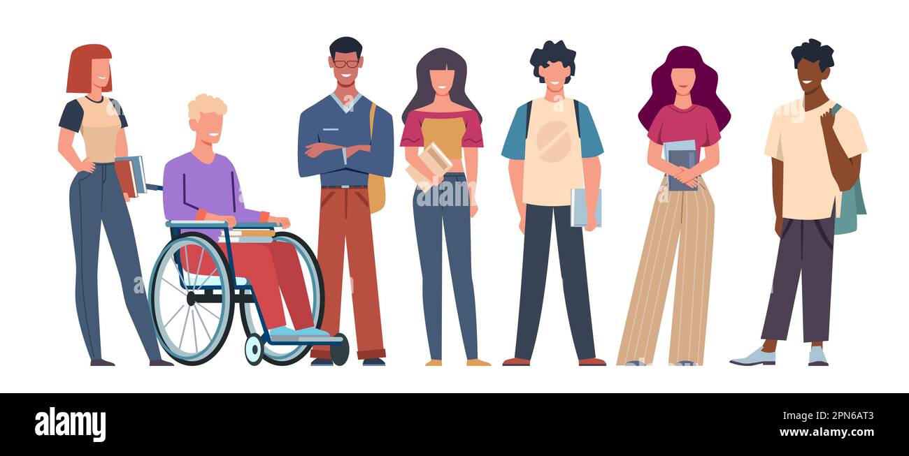 Group of multicultural students, disabled guy sitting in wheelchair ...