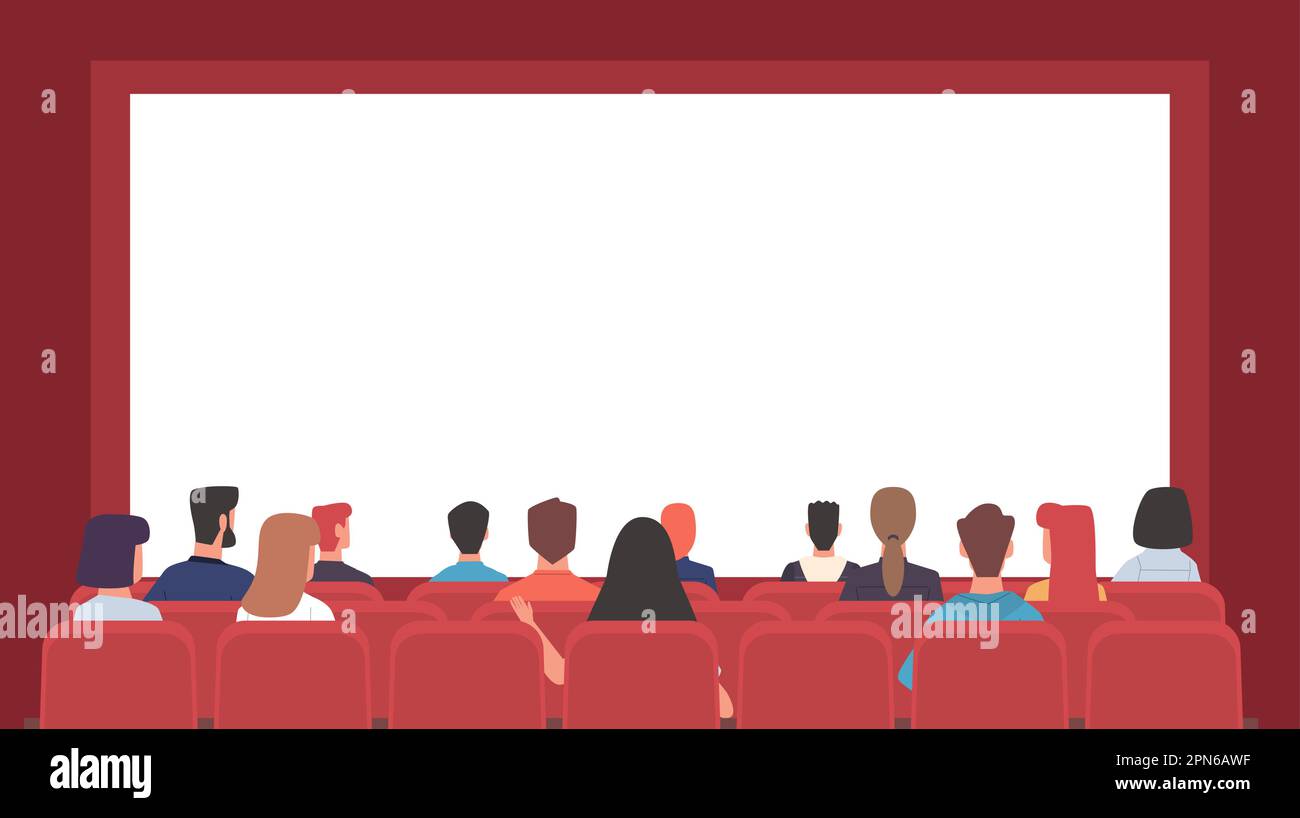 People sitting in theater, movie cinema and looking at big blank screen ...