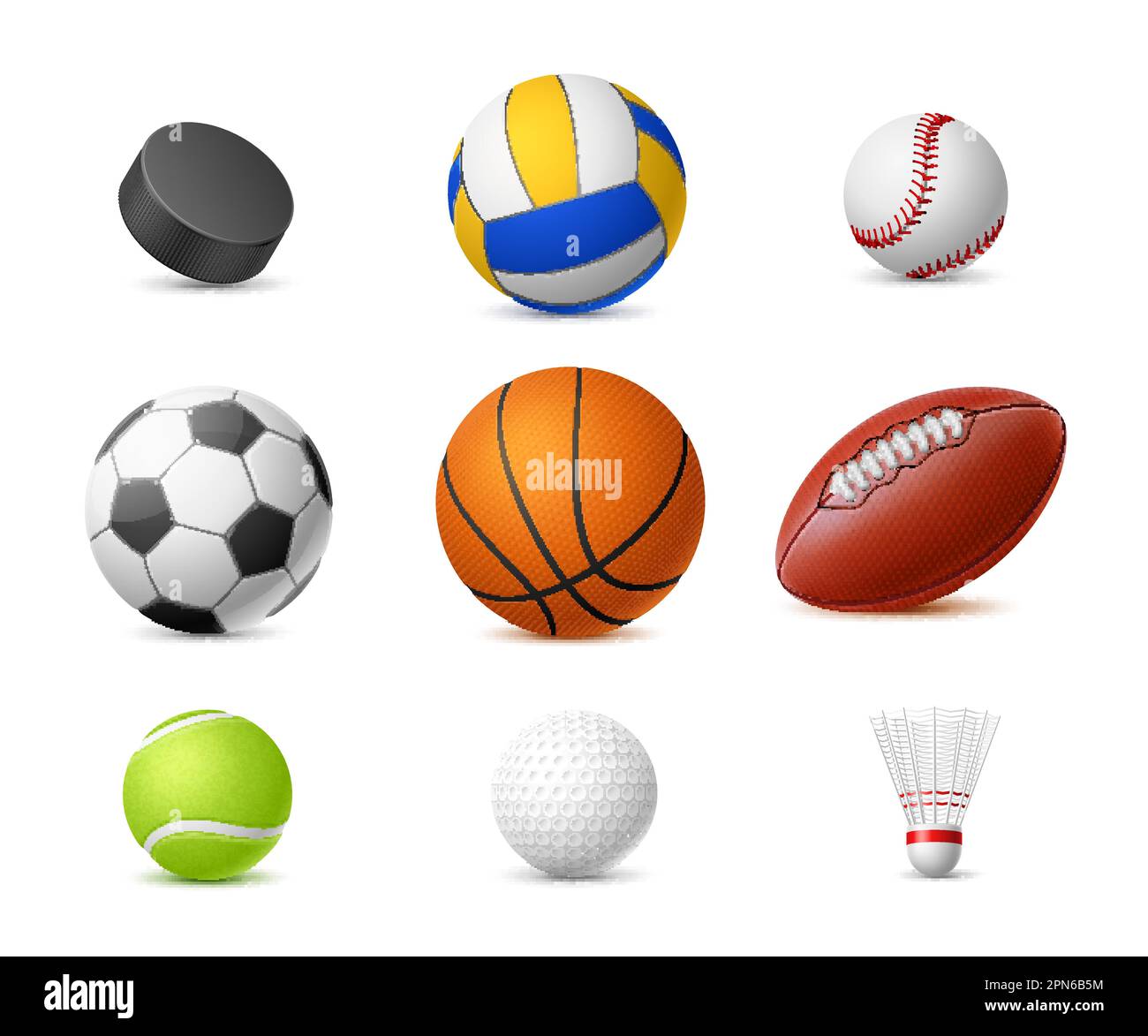 Realistic sport balls. Detailed 3d leather balls, hockey puck ...