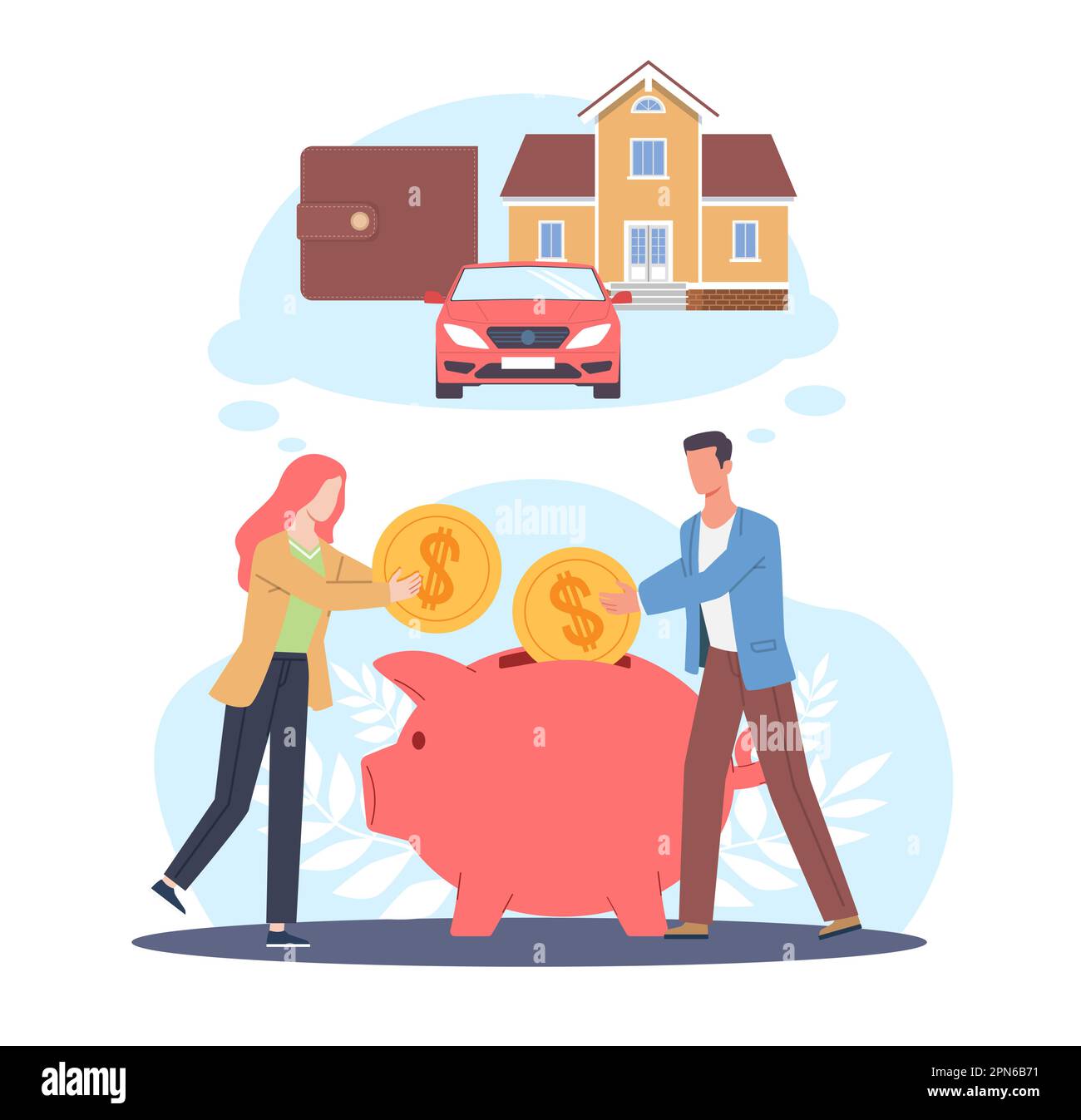 Savings concept, man and woman put money in piggy bank and dream of ...