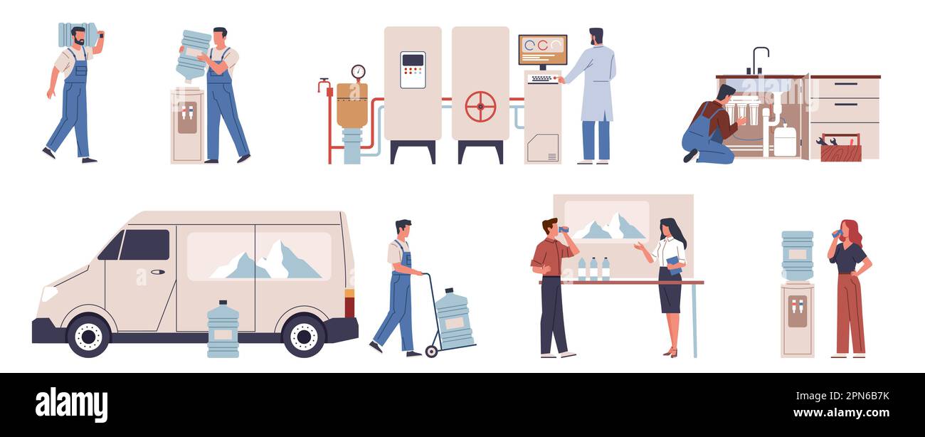 Water delivery service. Worker carries and installs bottles for cooler ...