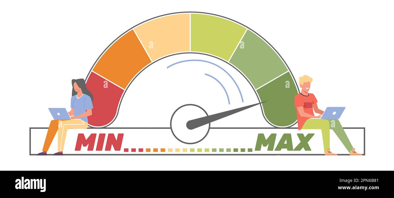 Slow and fast internet connection speeds. Progress scale with arrow, people sitting with laptop ...
