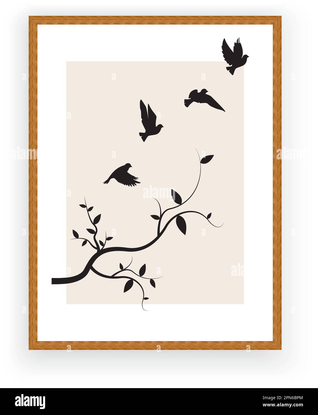 Branch illustration and flying birds silhouette, vector. Minimalist ...
