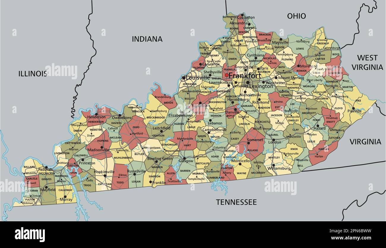Kentucky - Highly detailed editable political map Stock Vector Image ...